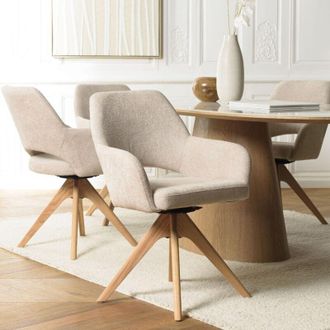 Macabane UGO - Chaise pivotante 360&deg; en tissu beige dossier droit, pieds bois