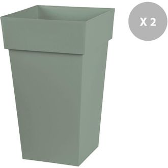 Eda Lot de 2 pots de fleur carr&eacute; 39 x 39 x H.65 cm - Vert laurier - 62 L - Polypropyl&egrave;ne r&eacute;sistant aux UV et gel - Zone de r&eacute;tention deau