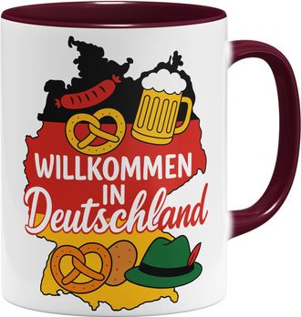OM3 Einbürgerung Geschenk Kaffee-Tasse Herzlich Willkommen in Deutschland - Einwanderung - Keramik Becher - 325ml - Beidseitig Bedruckt - Bordeaux