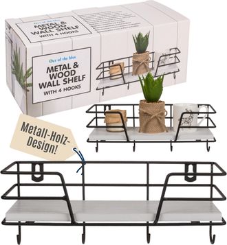 Out of the Blue Metall-Holz-Wandregal mit 4 Haken - Industrial-Chic Design - Kompakte Maße 25x10 cm - Vielseitig für Schlüssel, Accessoires, Deko - Perfekt für jedes 