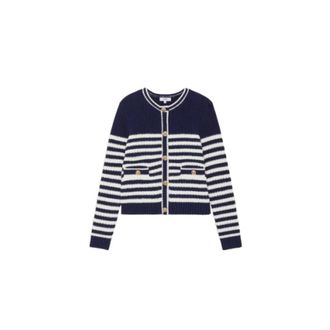 Suncoo Femme, Pulls, Bleu, Taille: 42 FR Cardigan en Tricot Bouclé à Rayures Col Rond