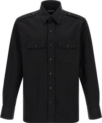 Tom Ford Homme, Chemises, Noir, Taille: XL Chemise Militaire en Faille de Coton et Soie