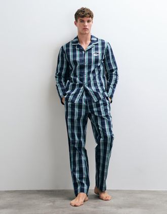 Lacoste Pyjama-Set aus Popeline mit Logo-Tasche und Karomuster in Marineblau