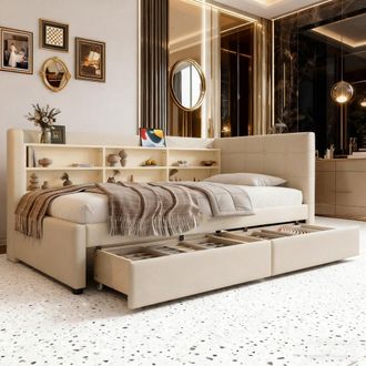 Generic Design-Schlafsofa 90x200 Beiger Leinenstoff - Integrierte 2 Schubladen, USB- / Typ-C-Anschl&uuml;sse, integrierte Aufbewahrung und Boxspring