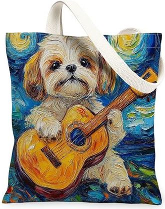 Generic Shih Tzu Sac fourre-tout en toile pour faire du shopping Motif chien 33 x 38,1 cm Motif guitare nocturne &eacute;toil&eacute;e Sac &agrave; bandouli&egrave;re r&eacute;utilisable pour f