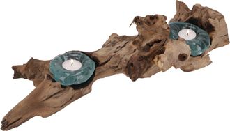 Guru Shop Wurzelholz mit Teelichthalter aus Mundgeblasenem Glas - Modell 2, 10x35x15 cm