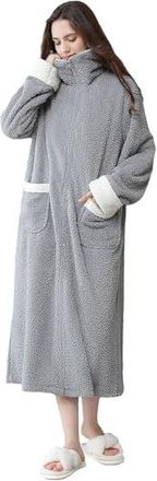 Rismart Femme Peignoir Moelleux Col Carr&eacute; Pleine Longueur Robe de Chambre Mesdames Robe du Matin avec Fermeture Eclair, Gris, L