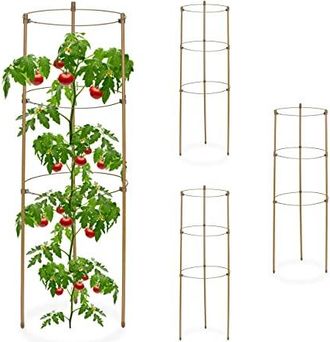 Relaxdays Rankhilfe 4er Set, Metall & Kunststoff, 60 cm hoch, 3 verstellbare Ringe, Rankst&uuml;tze Kletterpflanzen, braun