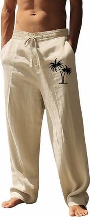 Generic Pantalon surdimensionn&eacute; en coton et lin pour homme, d&eacute;contract&eacute;, couleur unie, imprim&eacute; cocotier, pantalon de sport en coton et lin, coupe r&eacute;guli&egrave;re, k