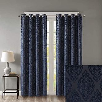Sun Smart Mirage 100% Verdunkelungsvorhang, gestrickt, Jacquard-Damast, Gesamtraumverdunkelnd, mit Ösen, 127 x 244 cm, Marineblau