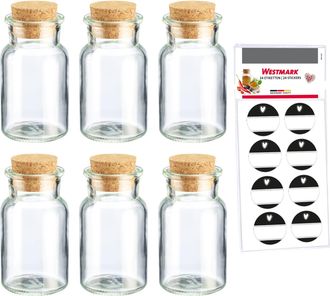 Westmark Gewürzgläser Set mit Korken, 6 Stk. - Für Gewürze, Kräuter und Tees - Inklusive 8 Dekoetiketten - Transparent, 150 ml