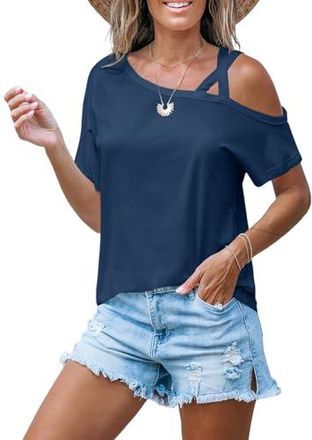 Cupshe T-shirt décontracté à manches courtes pour femme avec double bretelles caraco, bleu marine, XL