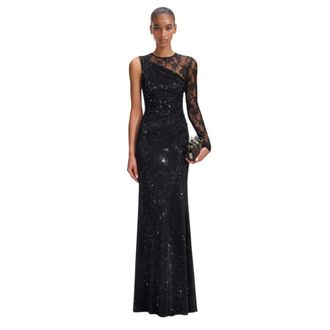 Self Portrait Femme, Robes, Noir, Taille: 40 FR Robe Maxi &agrave; Manches en Dentelle et Strass