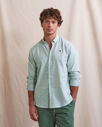 Faguo Chemise en lin ray&eacute;e lichen et bleu