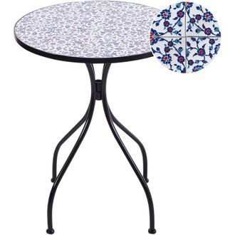 Beliani Table de Balcon Vintage en M&eacute;tal Ext&eacute;rieur 60 cm Plateau en Mosa&iuml;que Bleue Cadre en Fer Noir Camprena