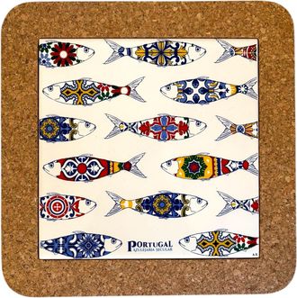 Generic Portugal Azulejo-Fliesen, ethnische portugiesische Keramik auf Keramikfliesen, Korkuntersetzer, Heim- und Wanddekorationen (20 cm) (mehrfarbige Sardin