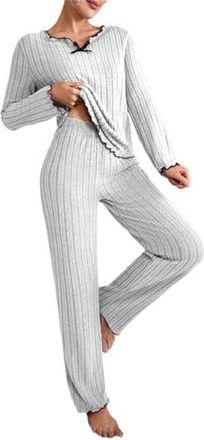 Generic Pyjama confortable pour femme, ensemble de pyjama en tricot côtelé à manches longues, ensemble Co Ord pour femme, ensemble complet de survêtement 2 pi