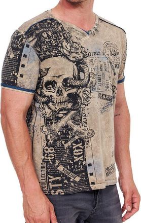 R-Neal T-Shirt Designer Herren T-Shirt Verwaschen All Over Skull Print Rocker Shirt