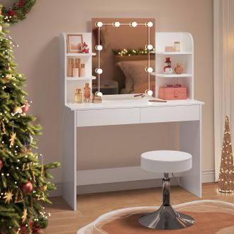 Woltu Schminktisch mit Beleuchtung, Spiegel, höhenverstellbarer Hocker, 360° drehbar Stuhl, 108x40cm Tischplatte, Frisiertisch mit 2 Schubladen, 4 Ablagen, 