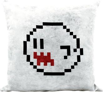 Fabulous Kissen aus Kunstleder, wei&szlig;, Pixel Boo, Charakter, Videospiele, Maskottchen, Retro, Video, Game Pixel, 40 x 40 cm, Leder-Haptik, inkl. Bezug und Kisse