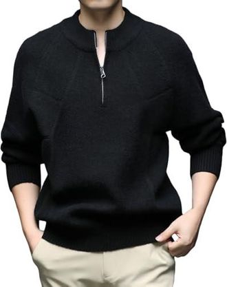 Generico Pull en tricot avec col haut, pull dhiver uni uni pour homme avec demi-fermeture éclair basique pour lautomne et lhiver, Noir, XXXXL