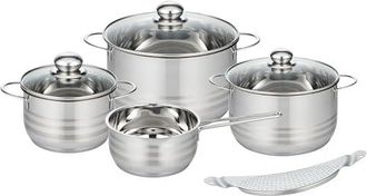 ELO Topfset Brilliant 4+1 teilig, Edelstahl, hochglanzpoliert, Volumenskala, energiesparender Kapselboden, hitzebeständig, silberfarben