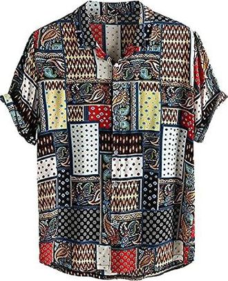 Minetom Chemisie Homme Eté Funky Hawaïenne Manches Courtes Button Down Chemise Vintage Ample Casual Imprimé Chemises de Plage Vacances A Bleu XXL