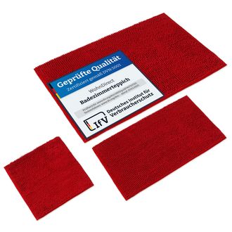 WohnDirect Badematten Set 3 teilig Rot - WC Vorleger (45x45cm), Badematte (50x80cm,70x120cm) - rutschfest waschbar Badezimmerteppich OHNE WC-Ausschnitt