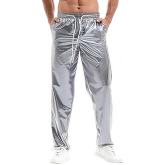 Generic Pantalon &agrave; paillettes pour homme - Argent&eacute; m&eacute;tallis&eacute; - Couleur holographique - Streetwear - Brillant - Hip-Hop - Taille &eacute;lastique - Pantalon 70 et 80 