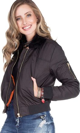 Cipo & Baxx Damen Jacke WJ141 Schwarz - Klassische Bomberjacke im Casual Streetwear Look mit Rei&szlig;verschluss & Fellkragen - Stylische &Uuml;bergangsjacke f&uuml;r Alltag & F