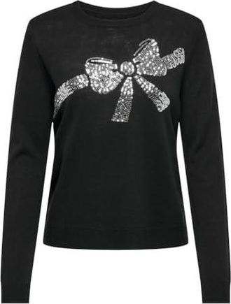 Only Onlxmas Sequins Bow Ls O-Neck Ex KNT Pull Tricoté, Noir/Détails : Argenté, XS Femme