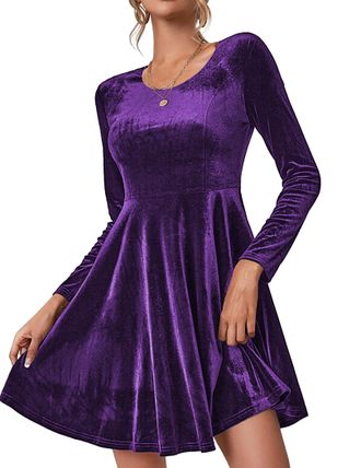 Zeagoo Weihnachtskleid Damen Samtkleid Langarm Kleider Knielang Abendkleider Samt Kleid Rundhals Partykleid Cocktailkleid Knielang Abendkleid Winterkleider V