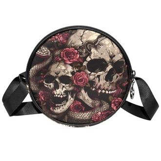 Generic Sac &agrave; bandouli&egrave;re rond pour femme, motif cr&acirc;nes, serpent, roses, petit sac &agrave; bandouli&egrave;re avec fermeture &eacute;clair, bretelles r&eacute;glables, sac &agrave; main rond d