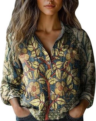 Generic Chemisier &agrave; manches longues pour femme - Col en V - Boutonn&eacute; - Style vintage - Style boh&egrave;me - Motif floral - T-shirt &agrave; manches longues - Chemisier d&eacute;t