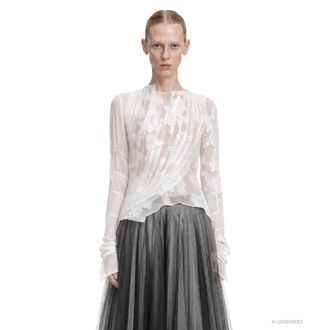 Marc Le Bihan Pleated Lace Long Sleeve Top