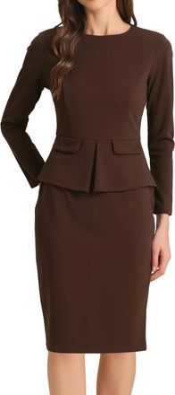 Allegra K Damen Bodycon Kleider Rundhals Langarm Casual Arbeit Outfits Sch&ouml;&szlig;chen Etuikleid, Dunkelbraun, X-Gro&szlig;