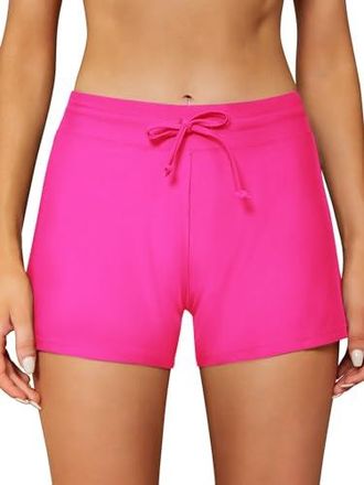 SHEKINI Short de bain taille mi-haute pour femme avec cordon de serrage &agrave; la taille, rose fluo, M
