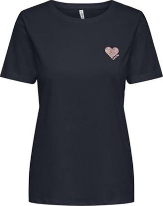 Only Onlkita Life S/S Logo Top Noos T-Shirt, Ciel Nocturne/imprimé : coeur doré Rose pailleté, XL Femmes