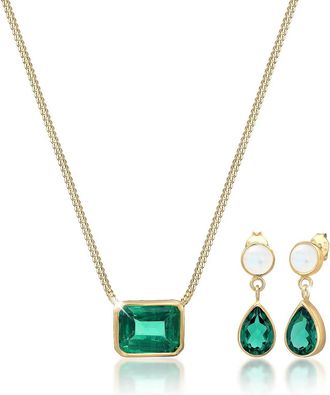 Elli Halsketten - Schmuckset Geo Mondstein Quartz Edelstein 925 Ster - Gr. unisize - in Gold - f&uuml;r Damen