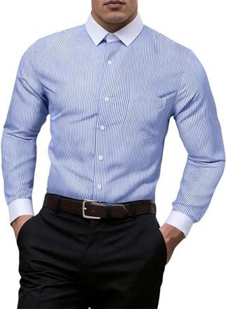 Generic Chemises &agrave; rayures pour homme UK &agrave; manches longues boutonn&eacute;es d&eacute;contract&eacute;es col revers personnalis&eacute; grande taille doux respirant costume de sport pour