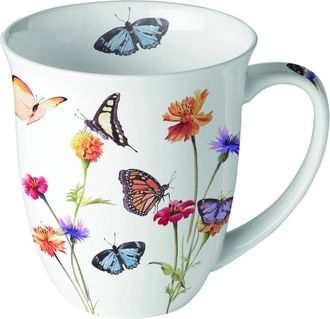 Ambiente Kaffeetasse Henkelbecher Teetasse Mug 400ml Fine Bone China Porzellan Schmetterlinge Blumen Garten Floral Serie Butterfly garden