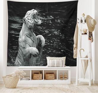 Abakuhaus Schwarz-Weiss Wandteppich und Tagesdecke, Exotic White Tiger aus Weiches Mikrofaser Stoff Waschbar ohne Verblassen Digitaldruck, 230 x 140 cm,Charcoal