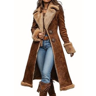 Generic Veste dhiver en daim doublé en polaire pour femme 2025, manteau dhiver long et chaud en similicuir boutonné, tendance, coupe ajustée, tenue décontract