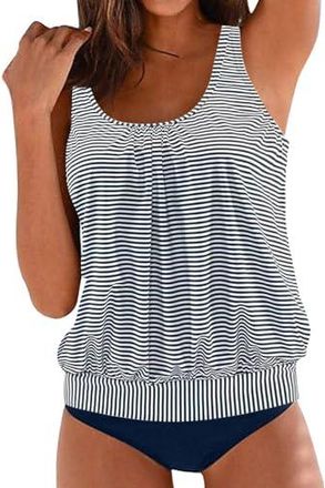 Generic Bikini Bleu Rayures Femme Maillot de Bain Grand Rétro Rayé Imprimé Foldline Taille Haute Tankini Conservateur Maillot de Bain Bikini Haut Armatures E,