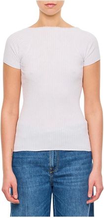 Sportmax Femme, Tops, Blanc, Taille: 36 FR Top en maille &agrave; manches courtes, larges c&ocirc;tes et semi-transparence