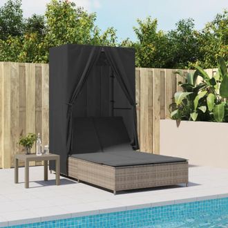 vidaXL Doppel-Sonnenliege mit Dach und Vorh&auml;ngen Grau Poly Rattan - Vidaxl