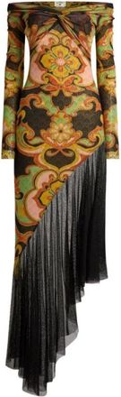 Etro Femme, Robes, Multicolore, Taille: 38 FR Robe Midi Asym&eacute;trique en Tulle avec Imprim&eacute; Floral Plac&eacute;