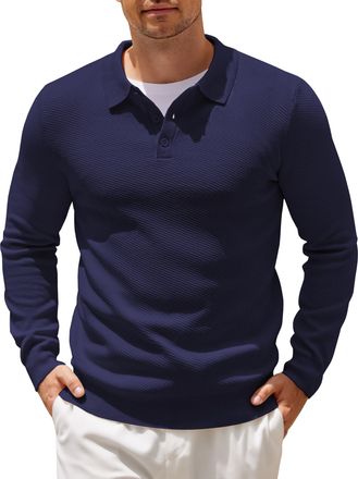 Coofandy Strick Poloshirt Herren Langarm Strickpullover Regular fit Pulli Polo Pullover Einfarbig Winter Business Pullover Button Down Polohemd Marine XL