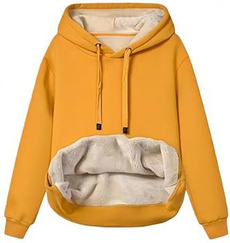 Generic Sweat &agrave; capuche d&eacute;contract&eacute; en polaire chaude doubl&eacute;e Sherpa pour femme, chandail &agrave; capuche &eacute;pais avec poches, jaune, XXL