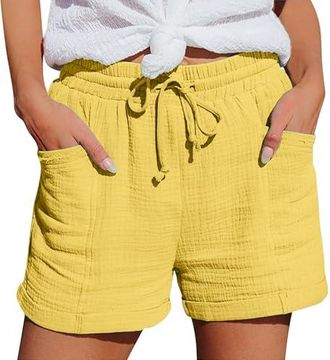 Generic Short d&eacute;t&eacute; l&eacute;ger pour femme - Short en lin avec poches - Bermuda taille haute - Short d&eacute;t&eacute; baggy - Short de sport ample - Couleur unie - Short de lois